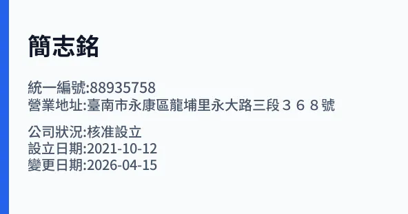 簡志銘的照片-統編 88935758(臺南市) 公司登記資料與營業項目詳細圖表