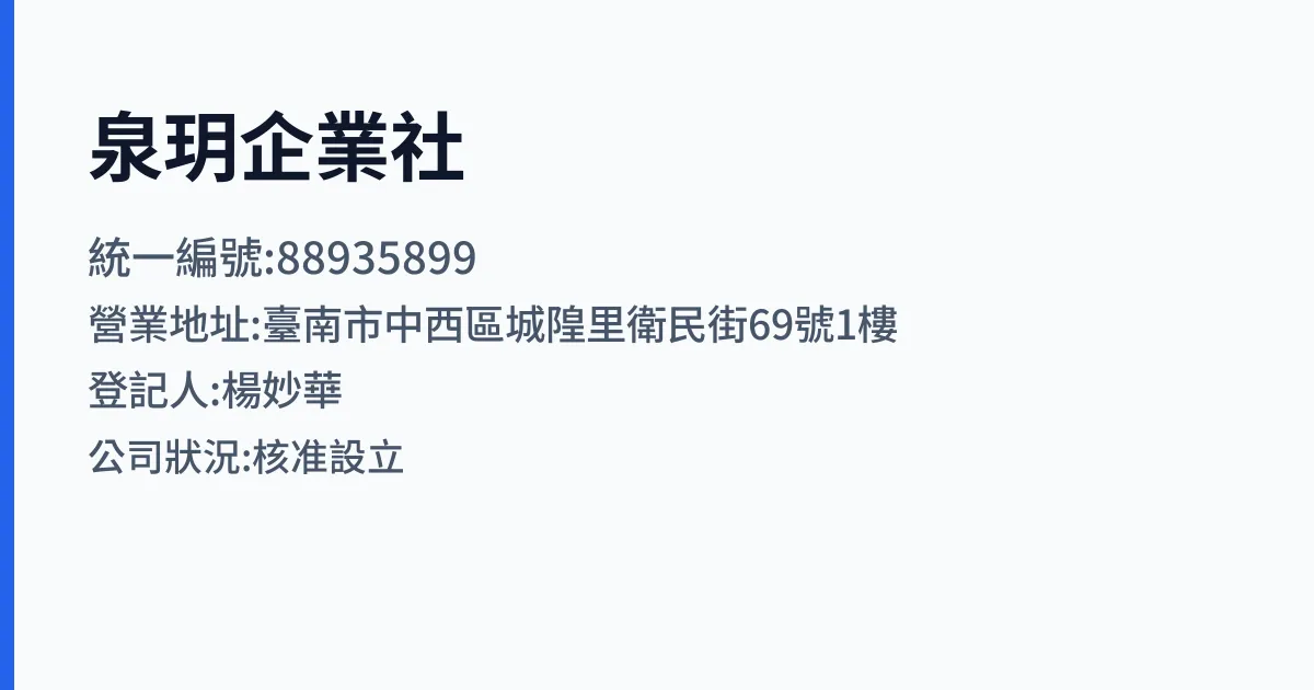 泉玥企業社 - 統編 88935899(臺南市) 公司登記資料與營業項目詳細圖表