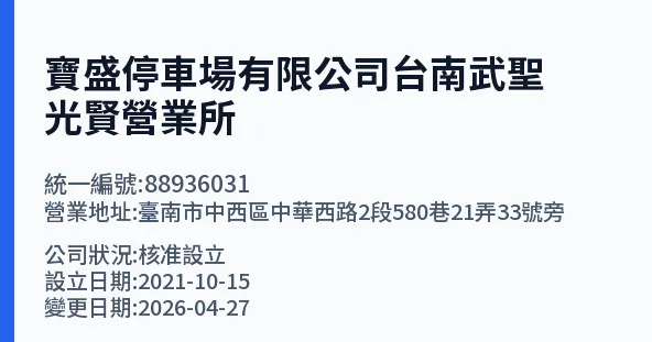 寶盛停車場有限公司台南武聖光賢營業所的照片-統編 88936031(臺南市) 公司登記資料與營業項目詳細圖表