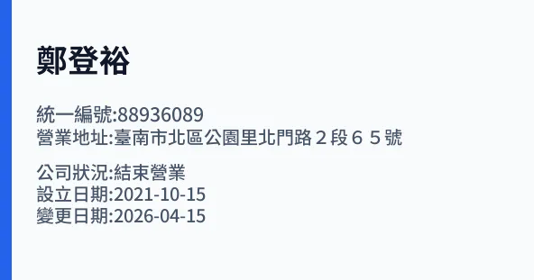 鄭登裕的照片-統編 88936089(臺南市) 公司登記資料與營業項目詳細圖表