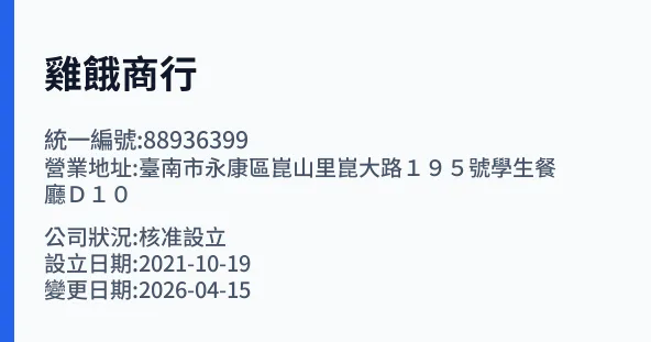 雞餓商行的照片-統編 88936399(臺南市) 公司登記資料與營業項目詳細圖表