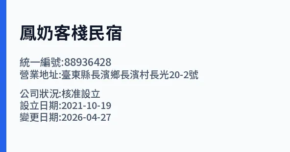 鳳奶客棧民宿的照片-統編 88936428(臺東縣) 公司登記資料與營業項目詳細圖表