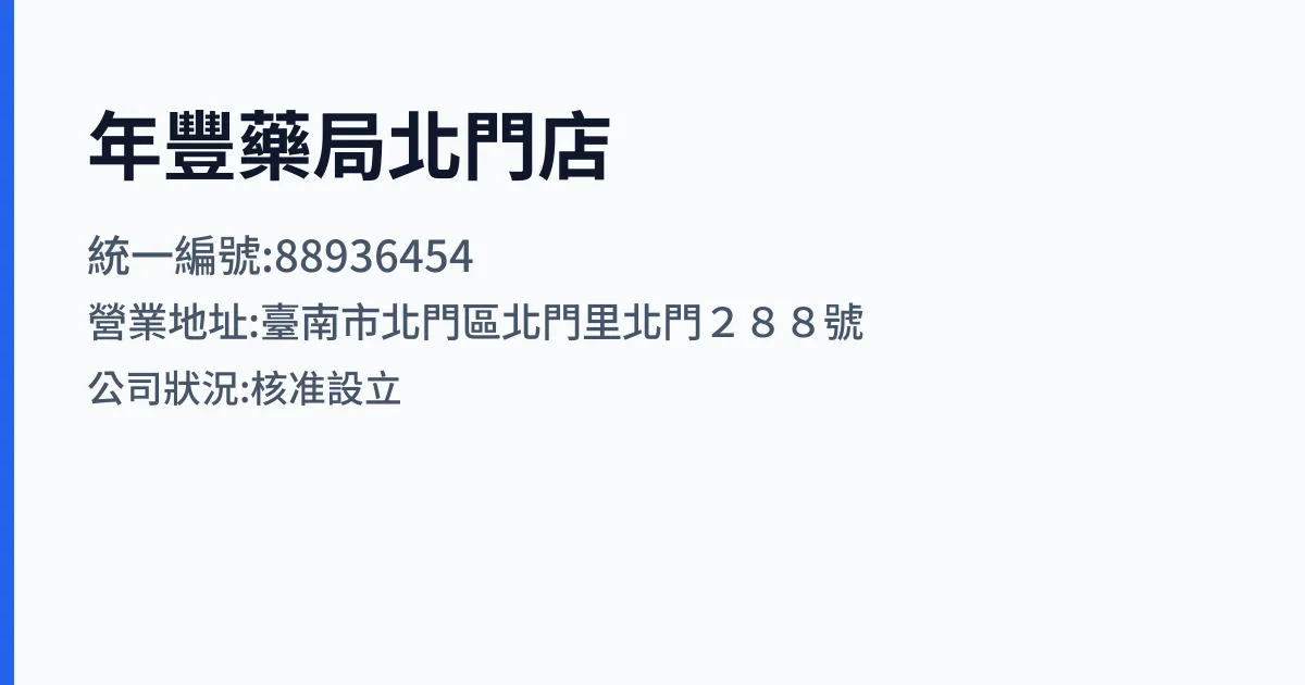年豐藥局北門店 - 統編 88936454(臺南市) 公司登記資料與營業項目詳細圖表