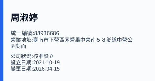 周淑婷的照片-統編 88936686(臺南市) 公司登記資料與營業項目詳細圖表