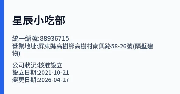 星辰小吃部的照片-統編 88936715(屏東縣) 公司登記資料與營業項目詳細圖表