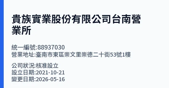 貴族實業股份有限公司台南營業所的照片-統編 88937030(臺南市) 公司登記資料與營業項目詳細圖表