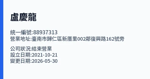 盧慶龍的照片-統編 88937313(臺南市) 公司登記資料與營業項目詳細圖表