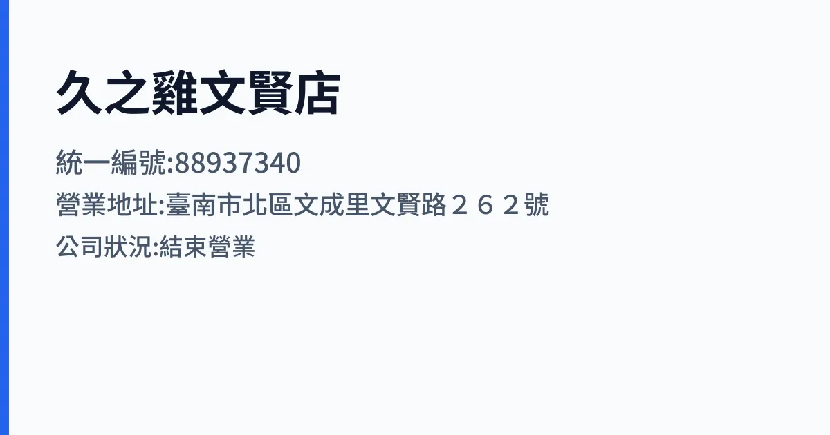久之雞文賢店 - 統編 88937340(臺南市) 公司登記資料與營業項目詳細圖表