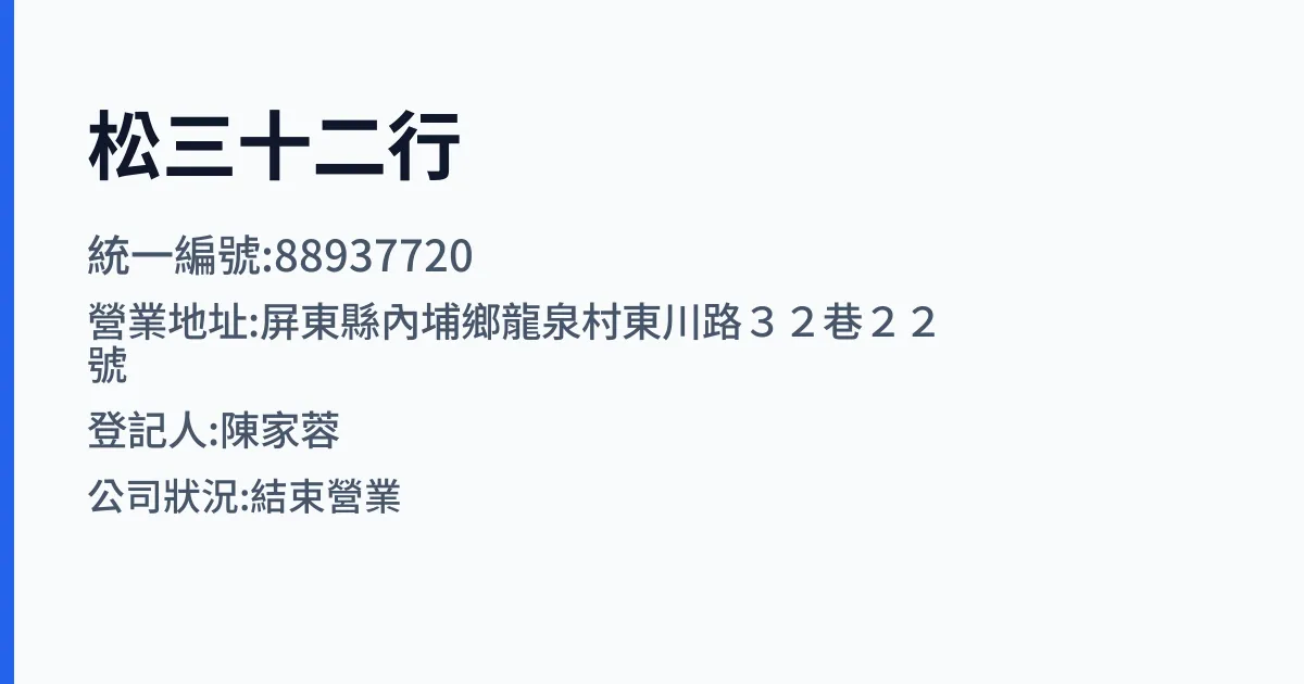 松三十二行 - 統編 88937720(屏東縣) 公司登記資料與營業項目詳細圖表