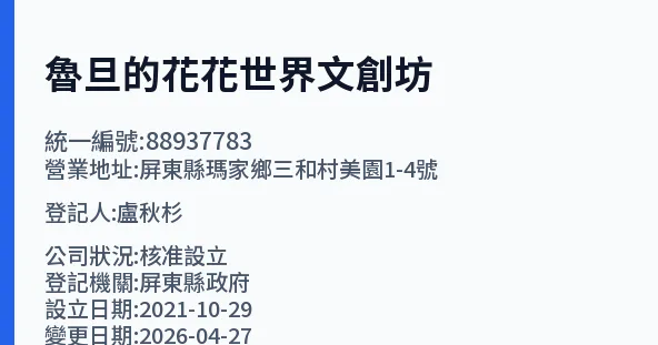 魯旦的花花世界文創坊的照片-統編 88937783(屏東縣) 公司登記資料與營業項目詳細圖表
