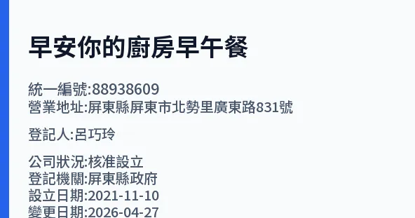 早安你的廚房早午餐的照片-統編 88938609(屏東縣) 公司登記資料與營業項目詳細圖表