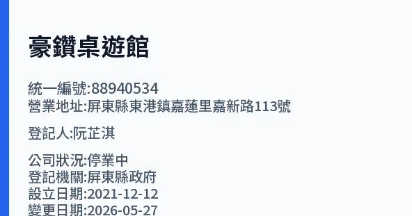 豪鑽桌遊館的照片-統編 88940534(屏東縣) 公司登記資料與營業項目詳細圖表