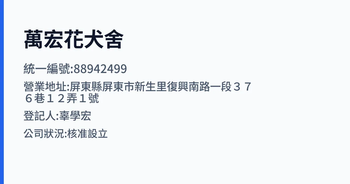 萬宏花犬舍 - 統編 88942499(屏東縣) 公司登記資料與營業項目詳細圖表