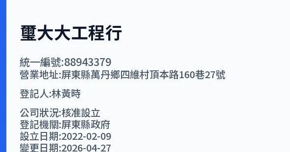 璽大大工程行的照片-統編 88943379(屏東縣) 公司登記資料與營業項目詳細圖表