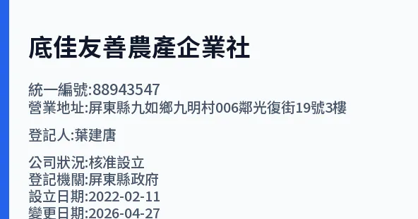 底佳友善農產企業社的照片-統編 88943547(屏東縣) 公司登記資料與營業項目詳細圖表