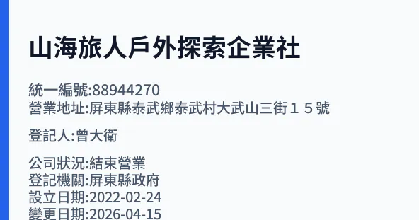 山海旅人戶外探索企業社的照片-統編 88944270(屏東縣) 公司登記資料與營業項目詳細圖表