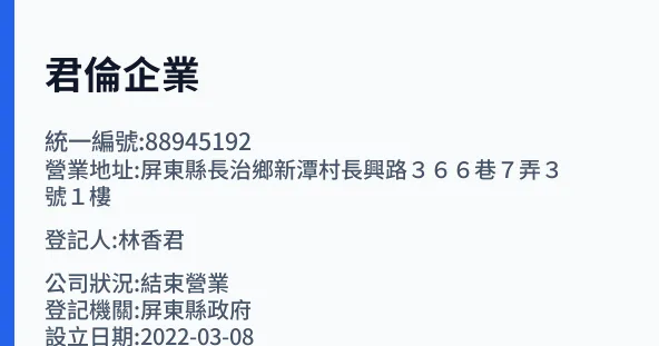 君倫企業的照片-統編 88945192(屏東縣) 公司登記資料與營業項目詳細圖表