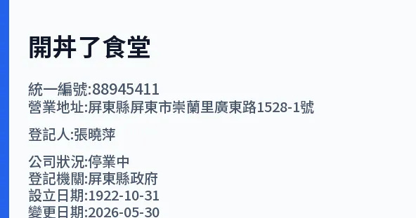 開丼了食堂的照片-統編 88945411(屏東縣) 公司登記資料與營業項目詳細圖表