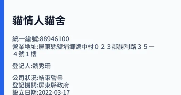 貓情人貓舍的照片-統編 88946100(屏東縣) 公司登記資料與營業項目詳細圖表