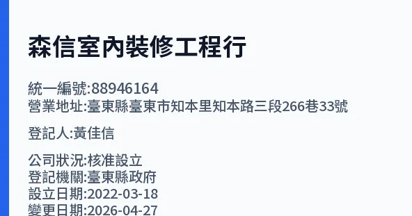 森信室內裝修工程行的照片-統編 88946164(臺東縣) 公司登記資料與營業項目詳細圖表