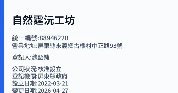 自然霆沅工坊的照片-統編 88946220(屏東縣) 公司登記資料與營業項目詳細圖表