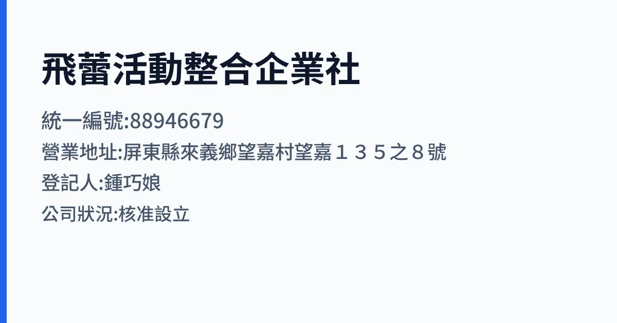 飛蕾活動整合企業社 - 統編 88946679(屏東縣) 公司登記資料與營業項目詳細圖表