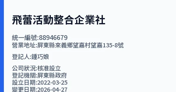 飛蕾活動整合企業社的照片-統編 88946679(屏東縣) 公司登記資料與營業項目詳細圖表