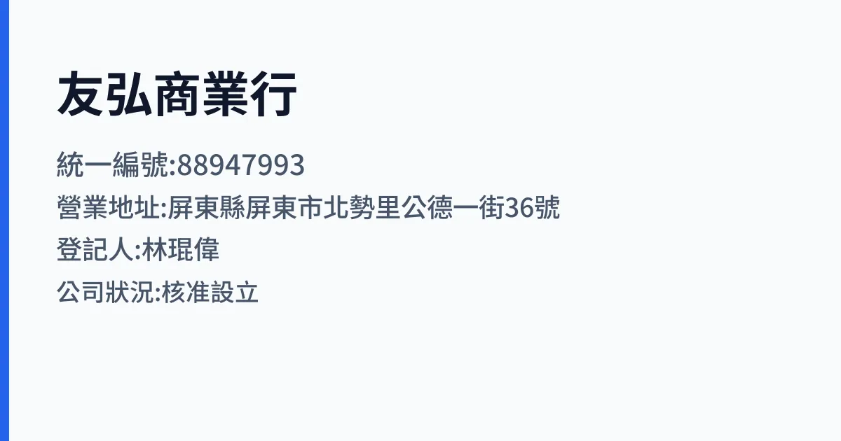 友弘商業行 - 統編 88947993(屏東縣) 公司登記資料與營業項目詳細圖表