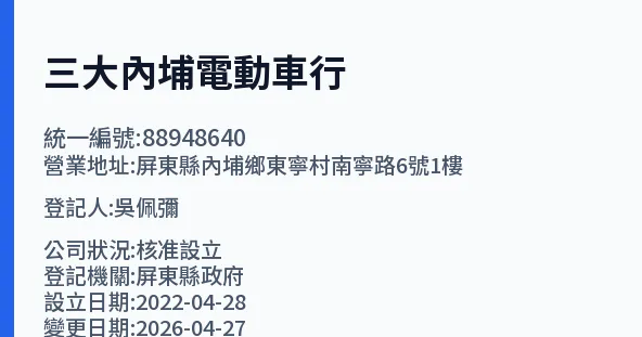 三大內埔電動車行的照片-統編 88948640(屏東縣) 公司登記資料與營業項目詳細圖表