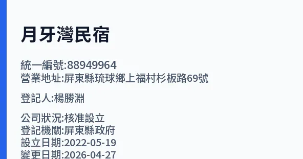 月牙灣民宿的照片-統編 88949964(屏東縣) 公司登記資料與營業項目詳細圖表