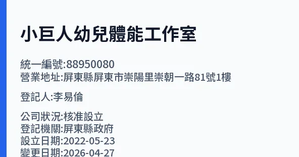 小巨人幼兒體能工作室的照片-統編 88950080(屏東縣) 公司登記資料與營業項目詳細圖表