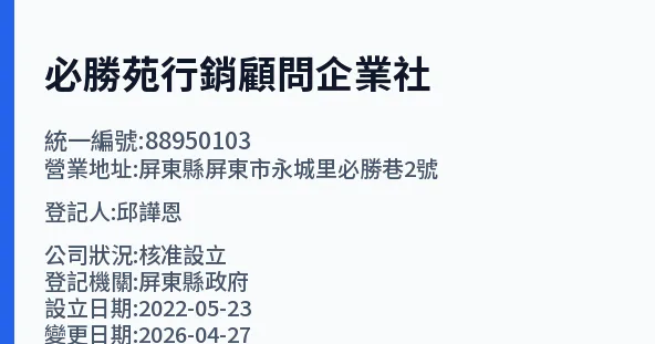 必勝苑行銷顧問企業社的照片-統編 88950103(屏東縣) 公司登記資料與營業項目詳細圖表