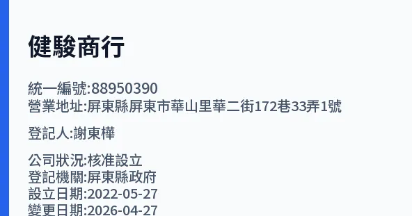 健駿商行的照片-統編 88950390(屏東縣) 公司登記資料與營業項目詳細圖表