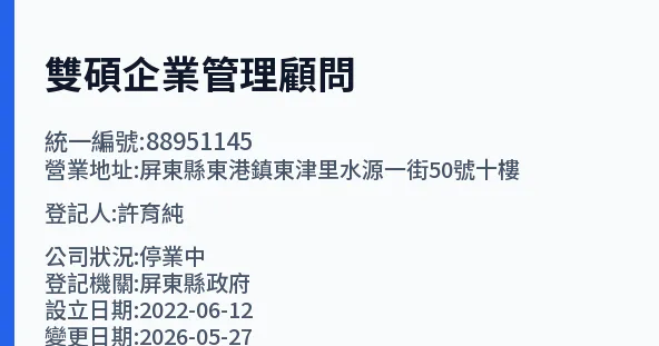 雙碩企業管理顧問的照片-統編 88951145(屏東縣) 公司登記資料與營業項目詳細圖表
