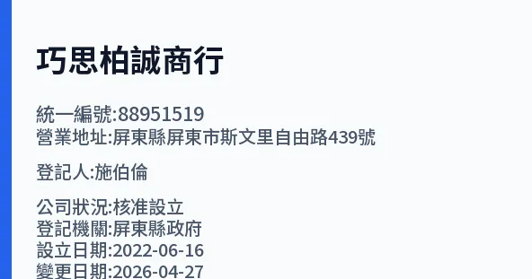 巧思柏誠商行的照片-統編 88951519(屏東縣) 公司登記資料與營業項目詳細圖表