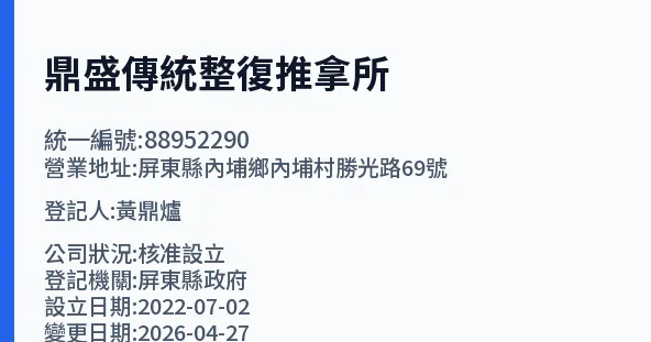 鼎盛傳統整復推拿所的照片-統編 88952290(屏東縣) 公司登記資料與營業項目詳細圖表