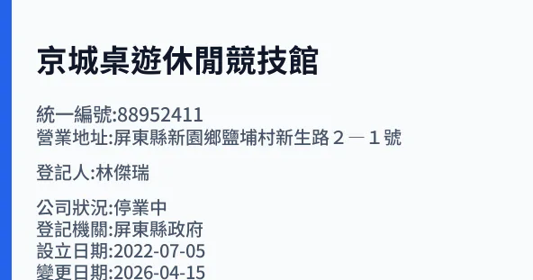 京城桌遊休閒競技館的照片-統編 88952411(屏東縣) 公司登記資料與營業項目詳細圖表