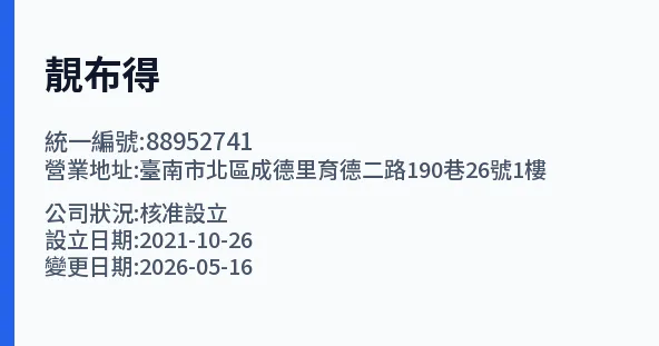 靚布得的照片-統編 88952741(臺南市) 公司登記資料與營業項目詳細圖表