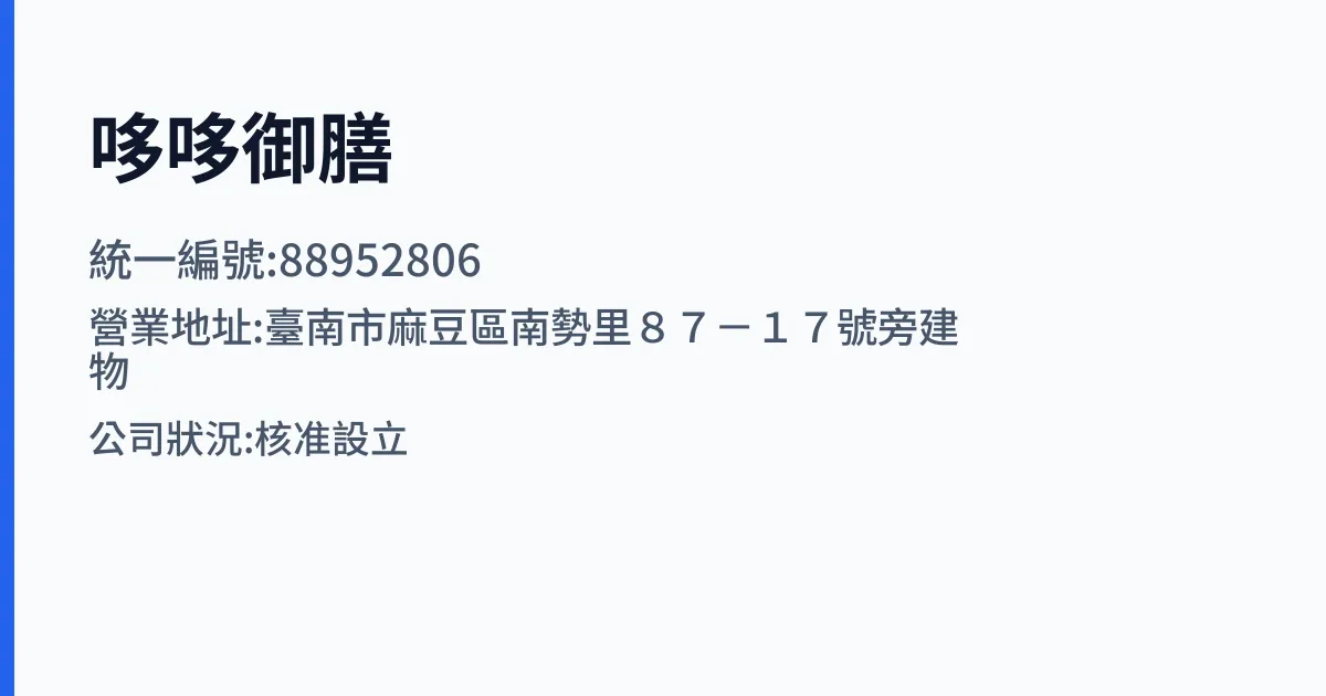 哆哆御膳 - 統編 88952806(臺南市) 公司登記資料與營業項目詳細圖表