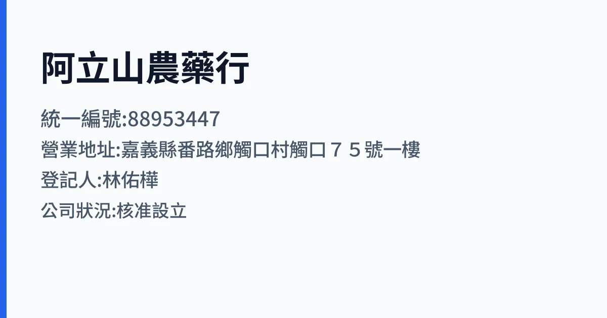 阿立山農藥行 - 統編 88953447(嘉義縣) 公司登記資料與營業項目詳細圖表