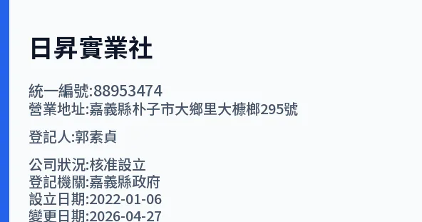 日昇實業社的照片-統編 88953474(嘉義縣) 公司登記資料與營業項目詳細圖表