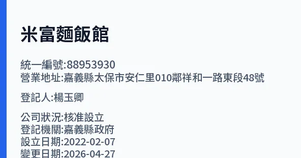 米富麵飯館的照片-統編 88953930(嘉義縣) 公司登記資料與營業項目詳細圖表