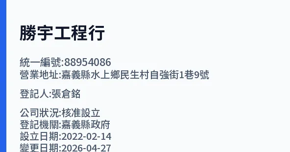 勝宇工程行的照片-統編 88954086(嘉義縣) 公司登記資料與營業項目詳細圖表