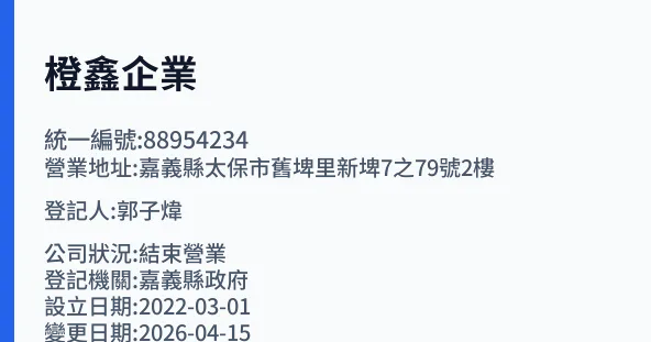 橙鑫企業的照片-統編 88954234(嘉義縣) 公司登記資料與營業項目詳細圖表