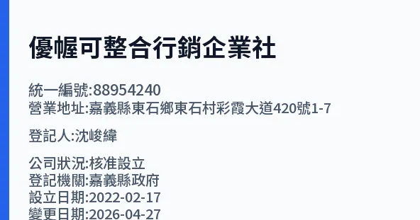 優幄可整合行銷企業社的照片-統編 88954240(嘉義縣) 公司登記資料與營業項目詳細圖表