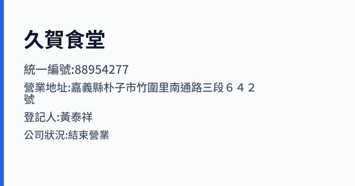 久賀食堂 - 統編 88954277(嘉義縣) 公司登記資料與營業項目詳細圖表