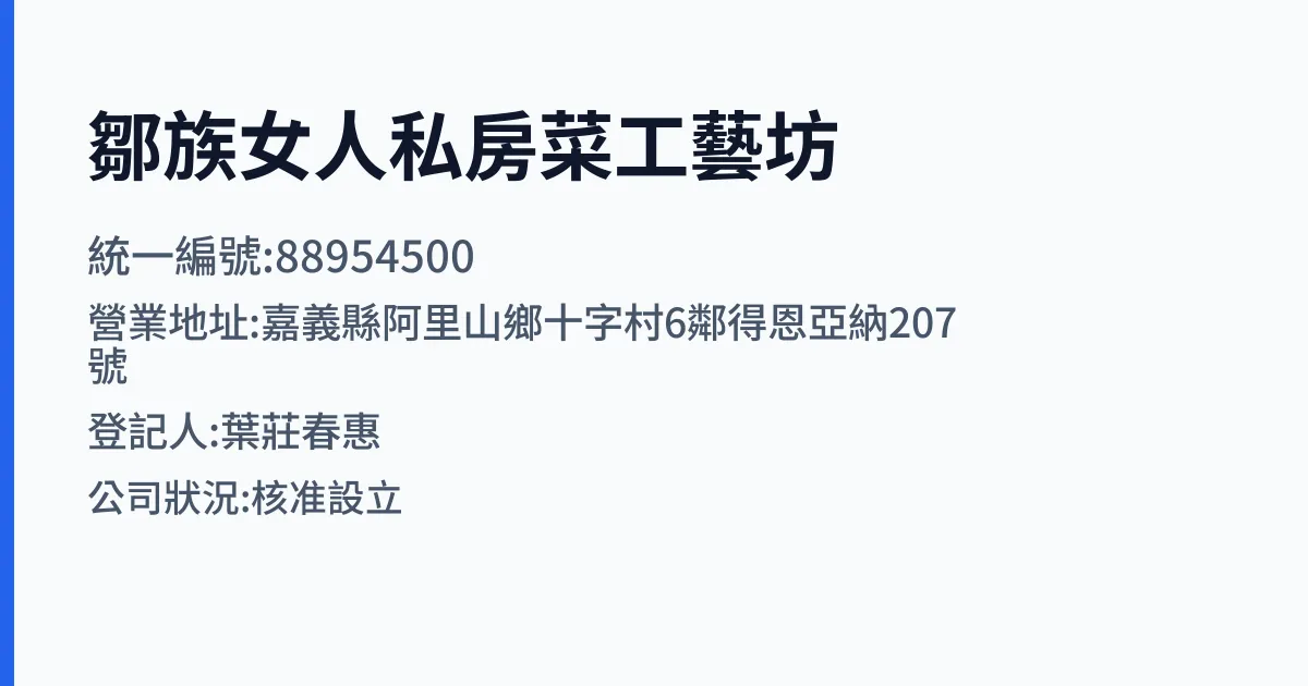 鄒族女人私房菜工藝坊 - 統編 88954500(嘉義縣) 公司登記資料與營業項目詳細圖表