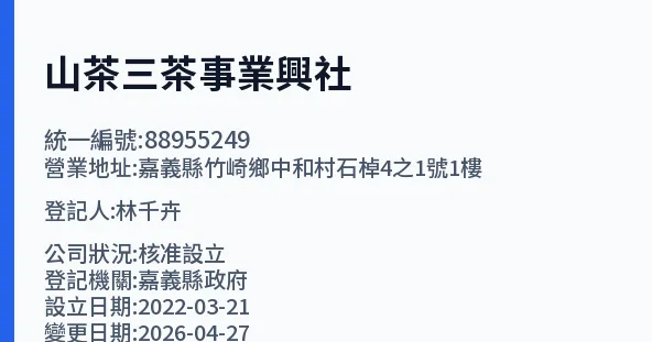 山茶三茶事業興社的照片-統編 88955249(嘉義縣) 公司登記資料與營業項目詳細圖表