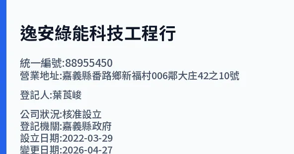 逸安綠能科技工程行的照片-統編 88955450(嘉義縣) 公司登記資料與營業項目詳細圖表