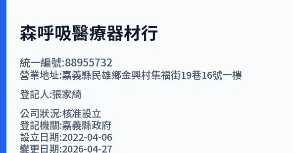 森呼吸醫療器材行的照片-統編 88955732(嘉義縣) 公司登記資料與營業項目詳細圖表